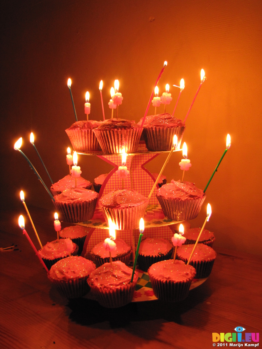 Picture SX17137 Jen's cupcake birthday cakes with candles lit ...